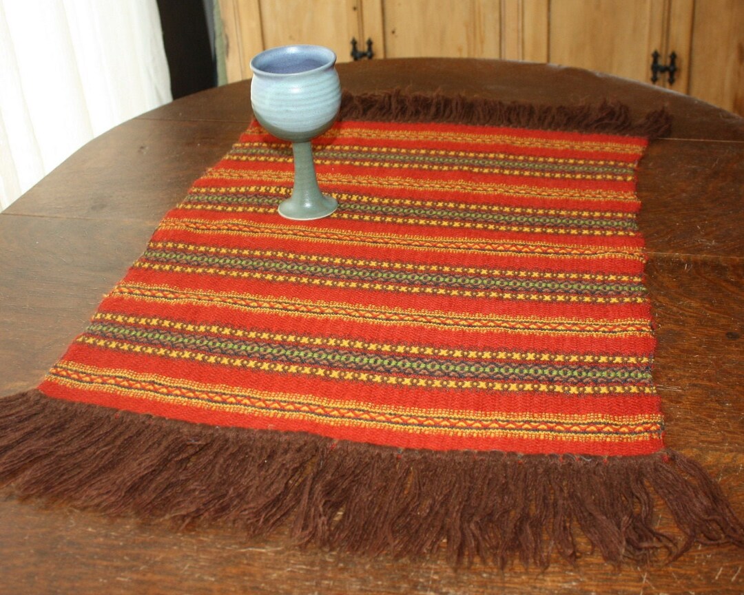 Scandinavian Hand Woven Table Runner Wool Burnt Orange Green Gold Brown ...