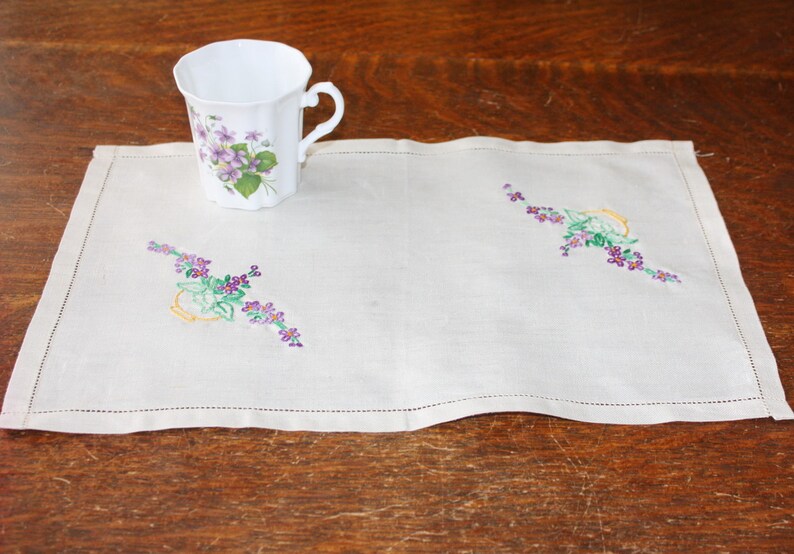 Embroidered Linen Tray Cloth Doily Table Topper Purple Flowers - Etsy