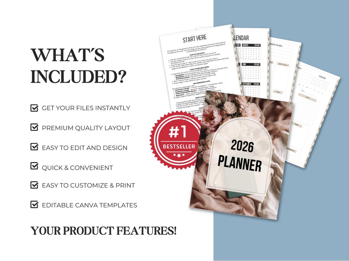 Minimalist 2026 Digital Planner Canva Template | Weekly & Daily Layouts ...