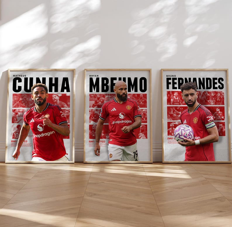 Manchester United Soccer Poster Set, Mbeumo, Bruno Fernandes, Cunha ...
