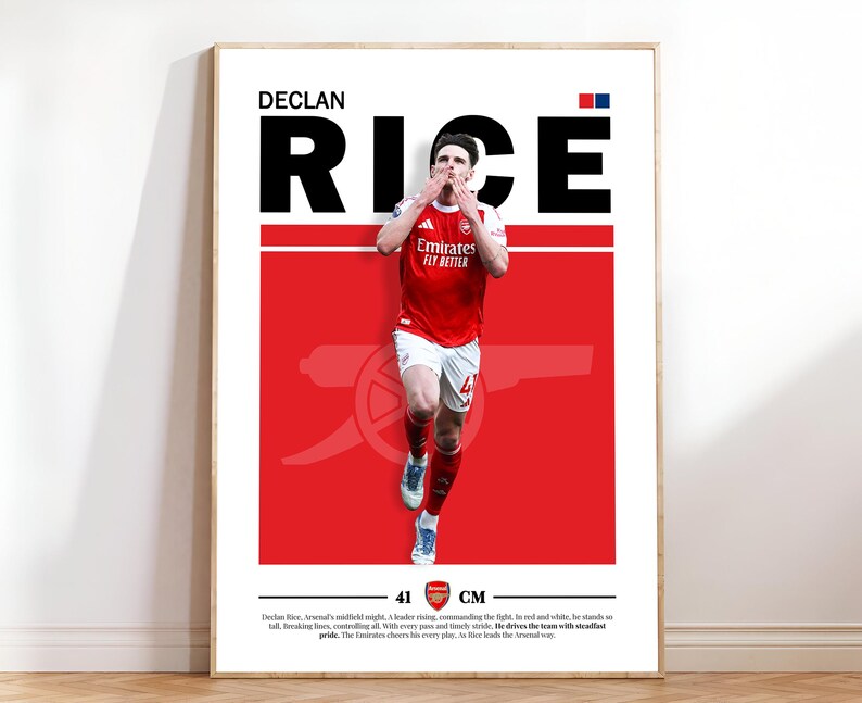 Declan Rice Arsenal Poster, Rice Poster A3, Arsenal Gifts Poster ...