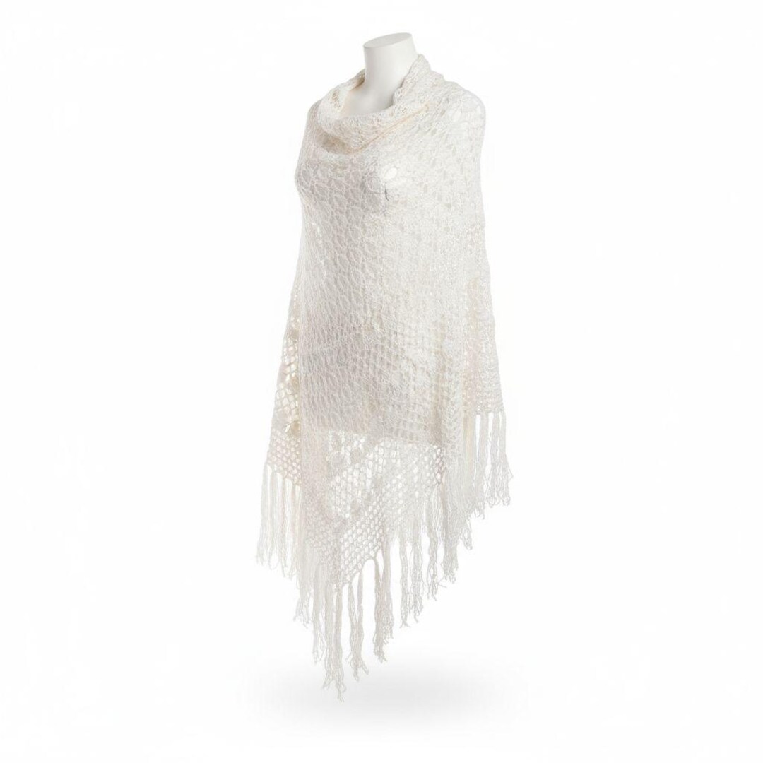 Vintage 1970s Handmade Crochet Shawl – White Boho Triangle Wrap With ...