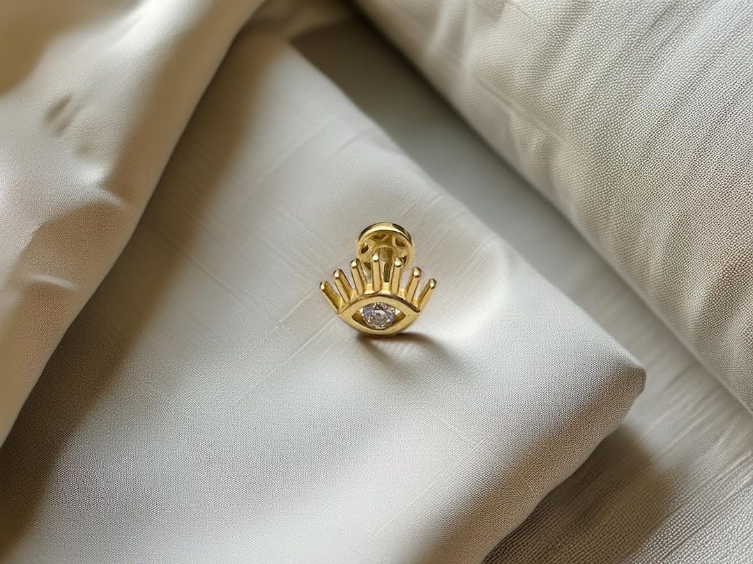 14K Solid Gold Evil Eye Piercing Stud With Sparkling Zircons - Etsy