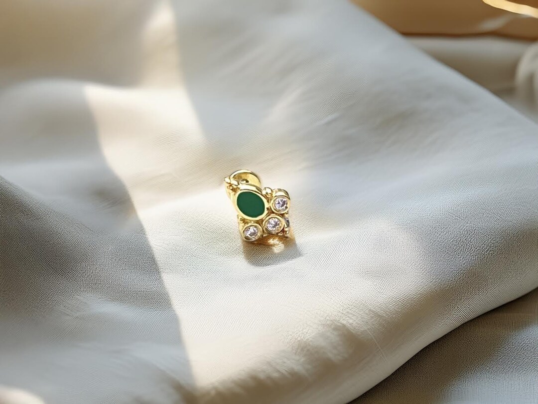 14K Gold Cartilage Piercing: Green Enamel & Three Stone Helix Earring ...