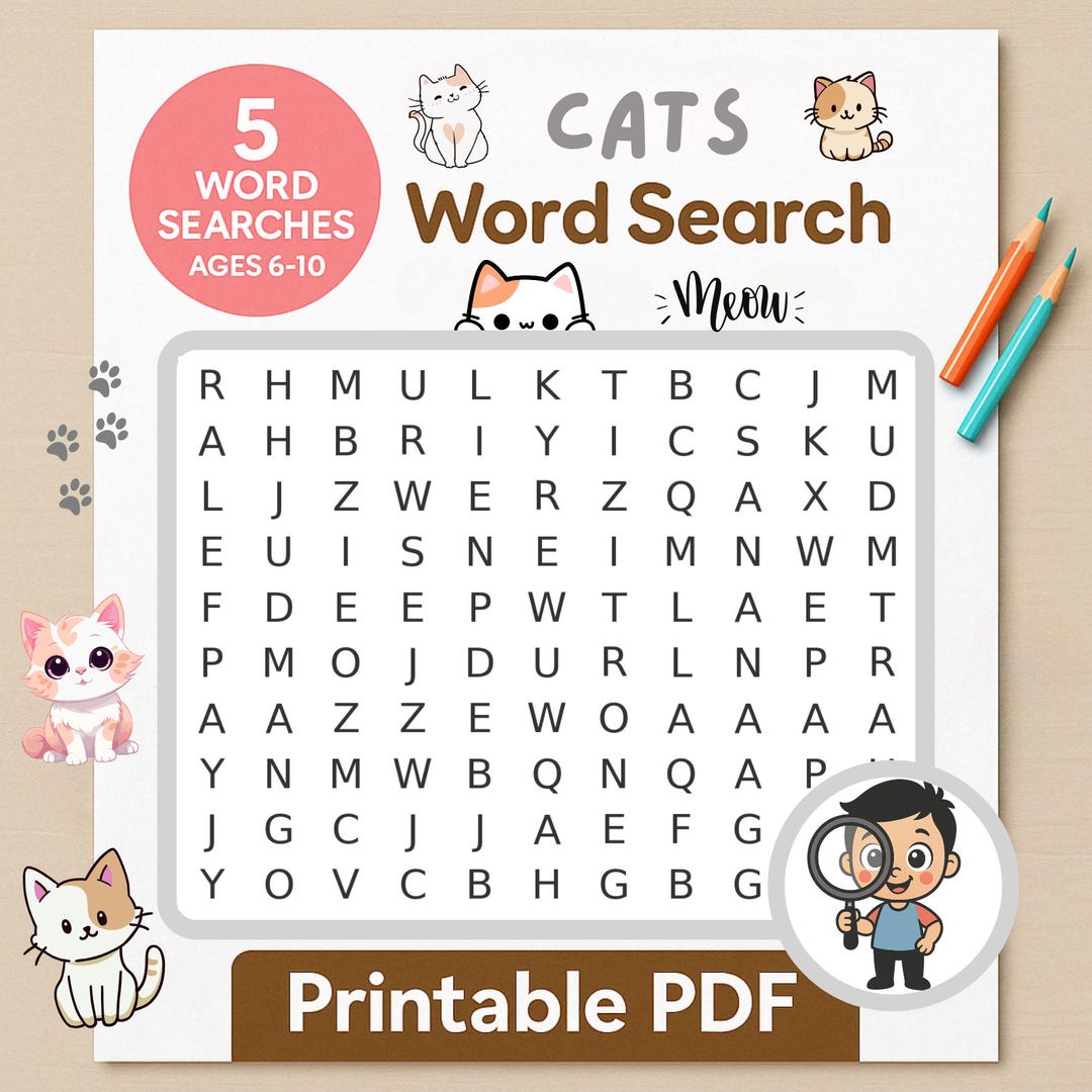 Cats Word Search Puzzle for Kids | Printable PDF | Ages 6–10 | Fun ...