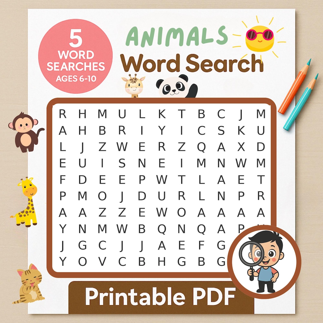 Animals Word Search Puzzle for Kids | Printable PDF | Ages 6–10 ...