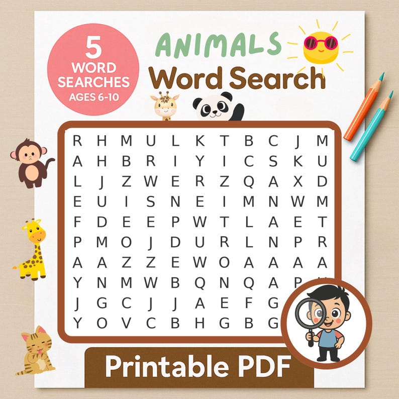Animals Word Search Puzzle for Kids | Printable PDF | Ages 6–10 ...