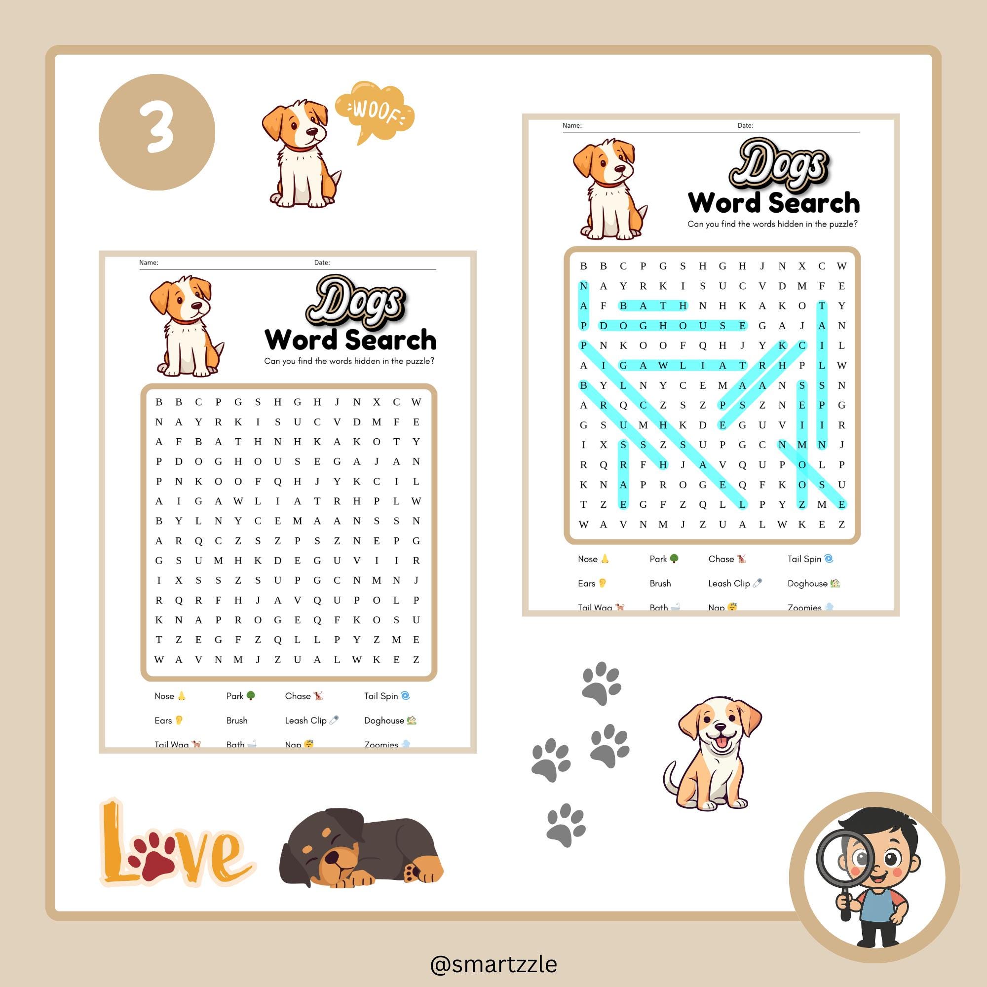 Dogs Word Search Puzzle for Kids | Printable PDF | Ages 6–10 | Fun ...