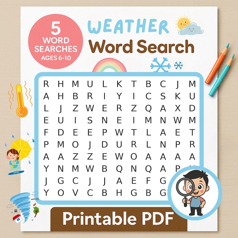 Weather Word Search Puzzle for Kids | Printable Worksheet PDF | Ages 6 ...