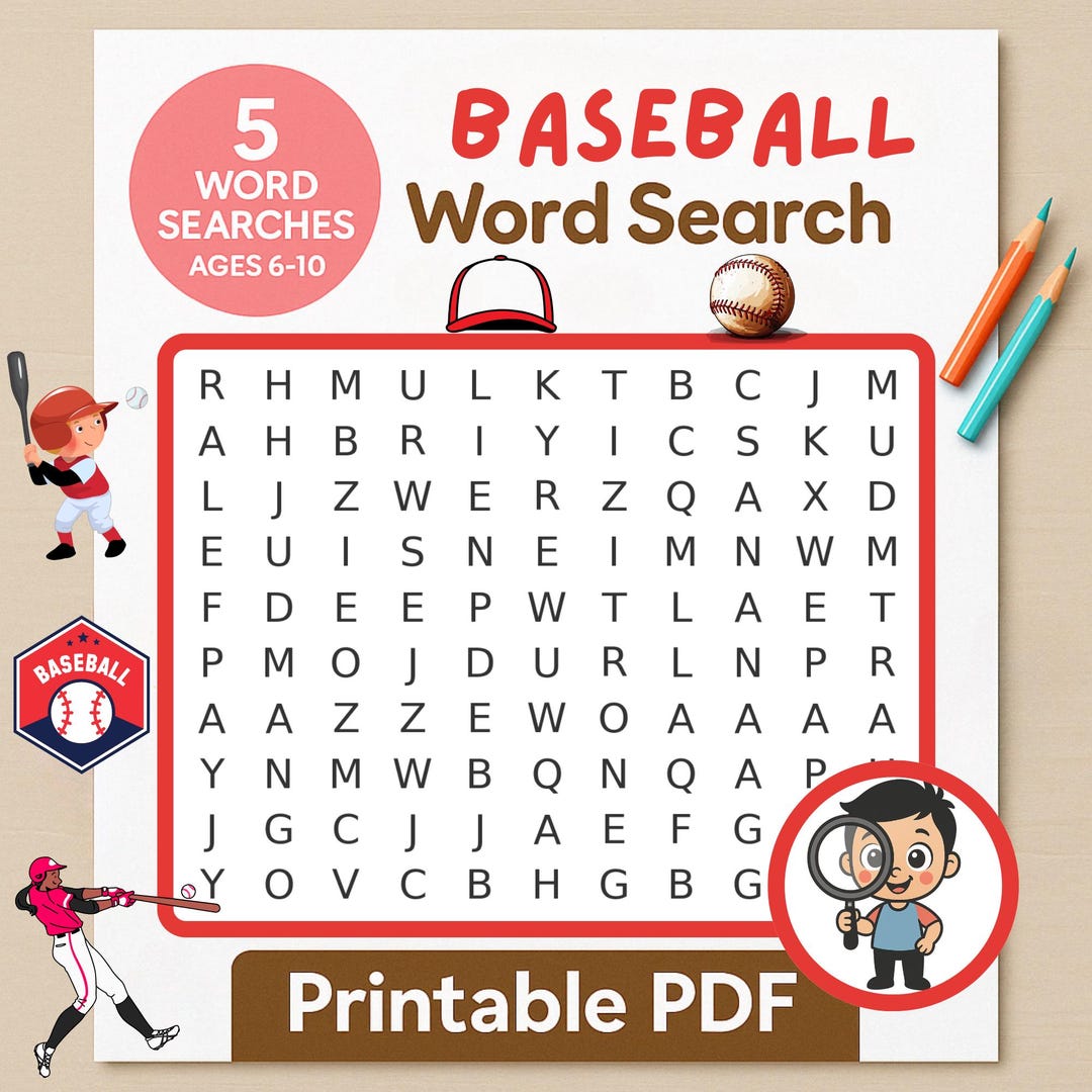 Baseball Word Search Puzzle for Kids: 5 Printable Sports Games (PDF) - Etsy