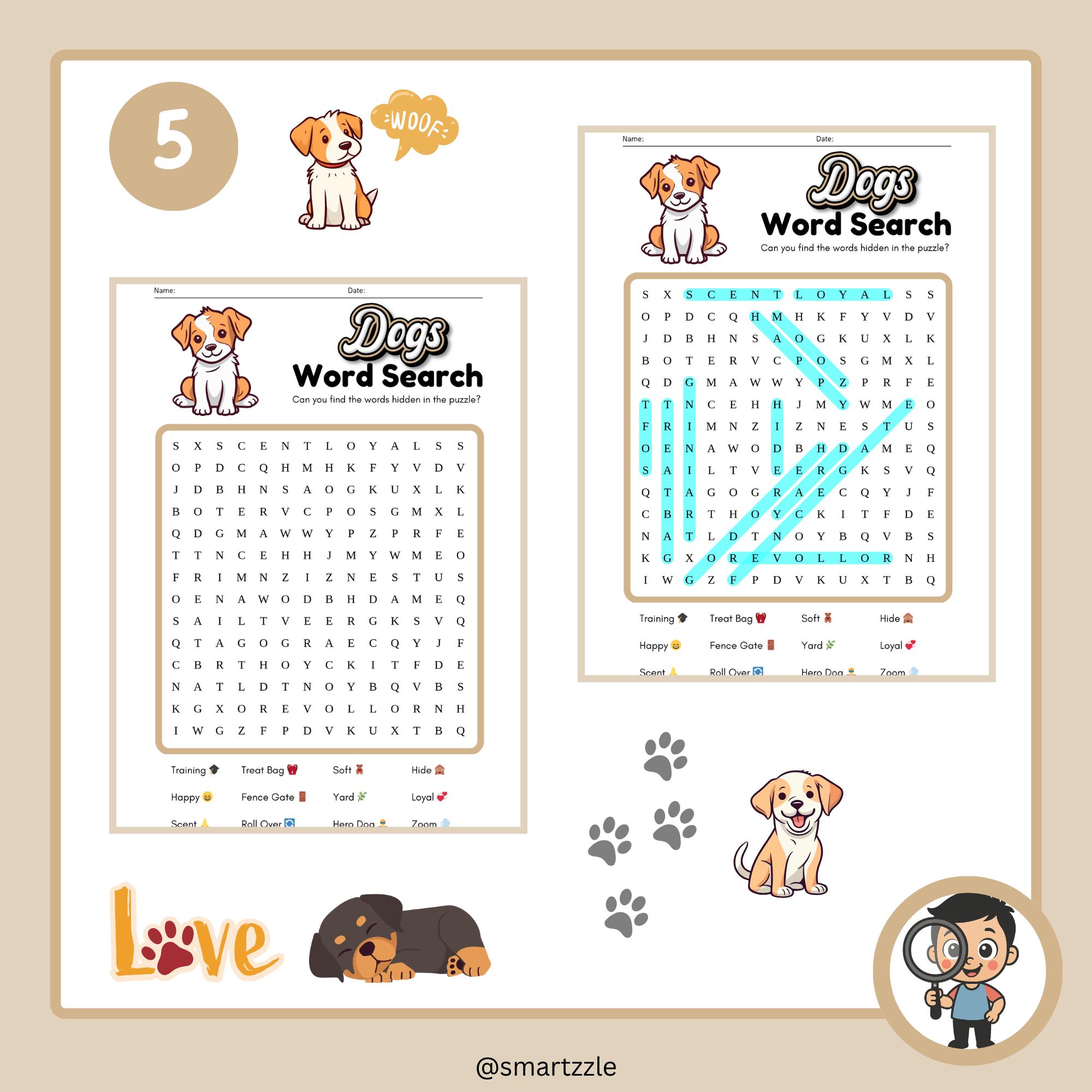 Dogs Word Search Puzzle for Kids | Printable PDF | Ages 6–10 | Fun ...
