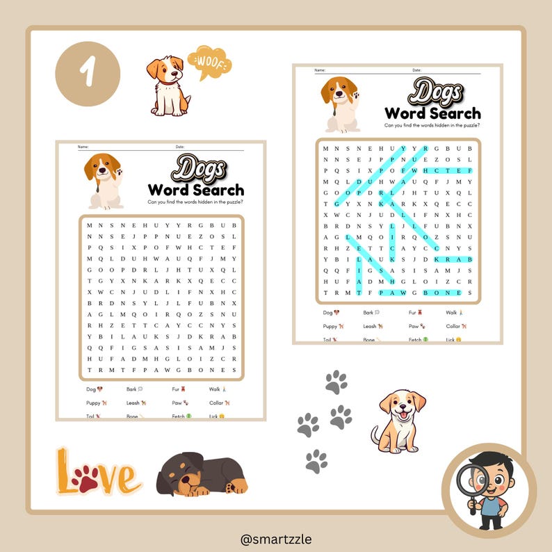 Dogs Word Search Puzzle: Fun Vocabulary Game for Kids (PDF) - Etsy
