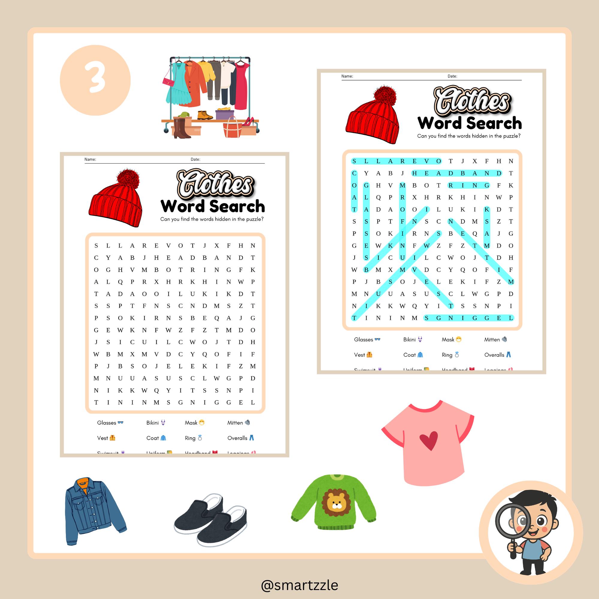 Clothes Word Search Puzzle for Kids | Printable Vocabulary Activity ...