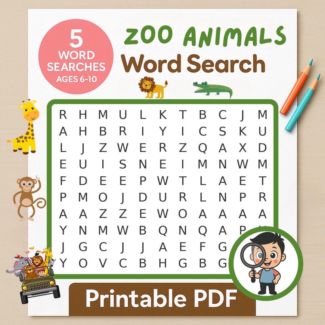 Zoo Animals Word Search Puzzle for Kids | 5 Printable Zoo Animal Games ...