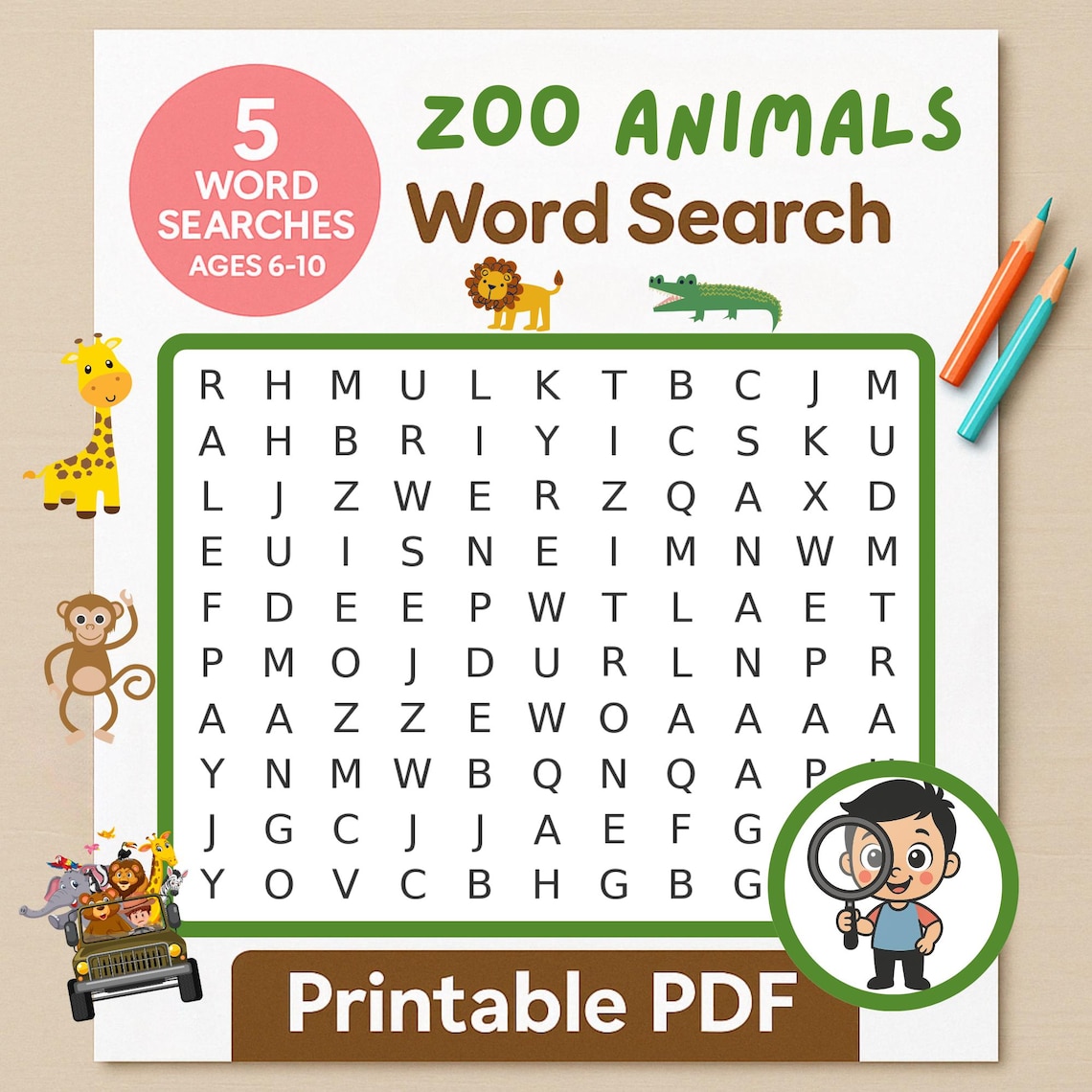 Zoo Animals Word Search Puzzle for Kids | 5 Printable Zoo Animal Games ...