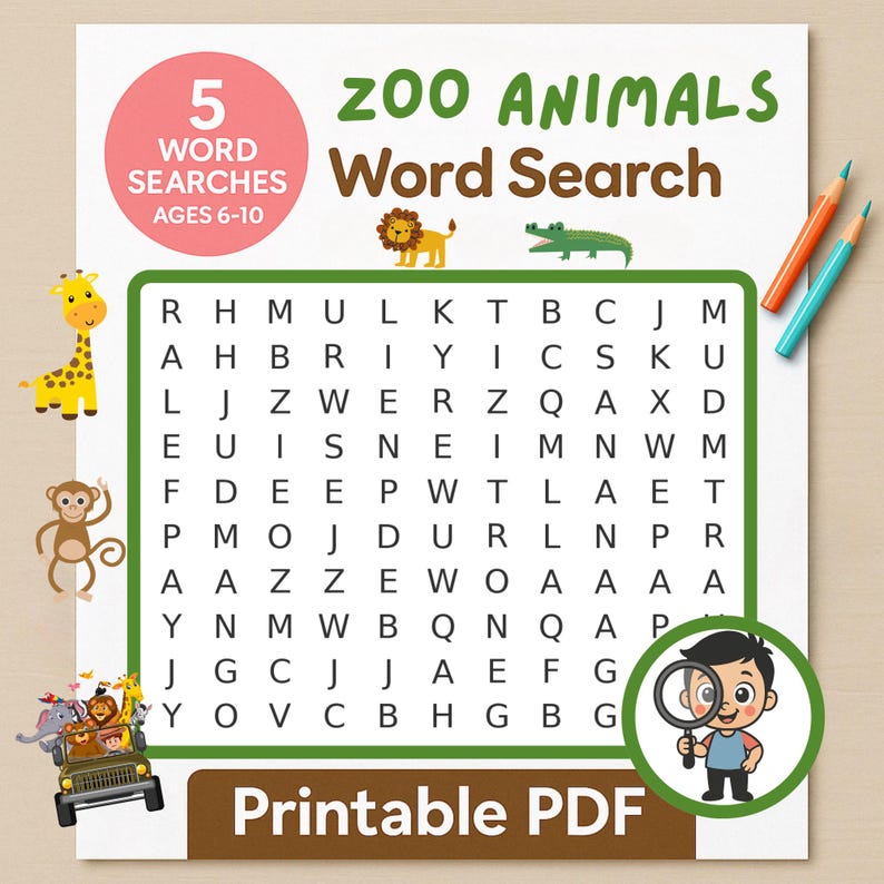 Zoo Animals Word Search Puzzle for Kids | 5 Printable Zoo Animal Games ...
