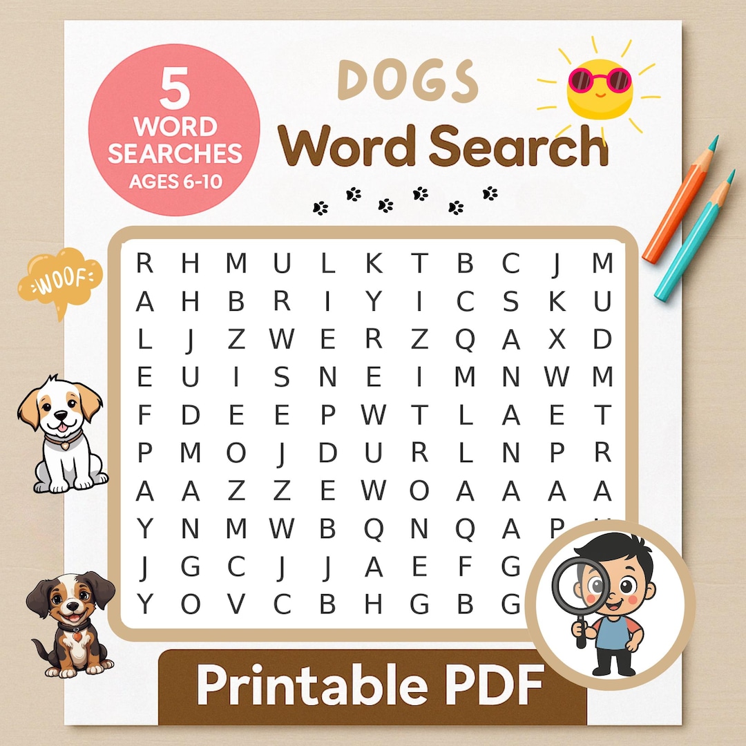 Dogs Word Search Puzzle for Kids | Printable PDF | Ages 6–10 | Fun ...