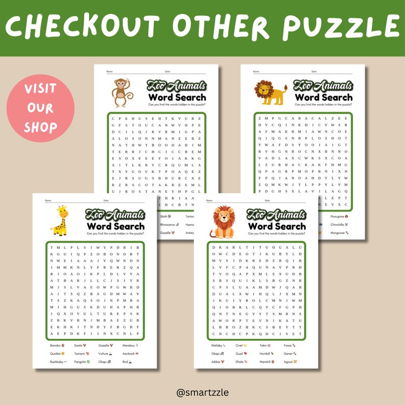 Zoo Animals Word Search Puzzle for Kids | 5 Printable Zoo Animal Games ...