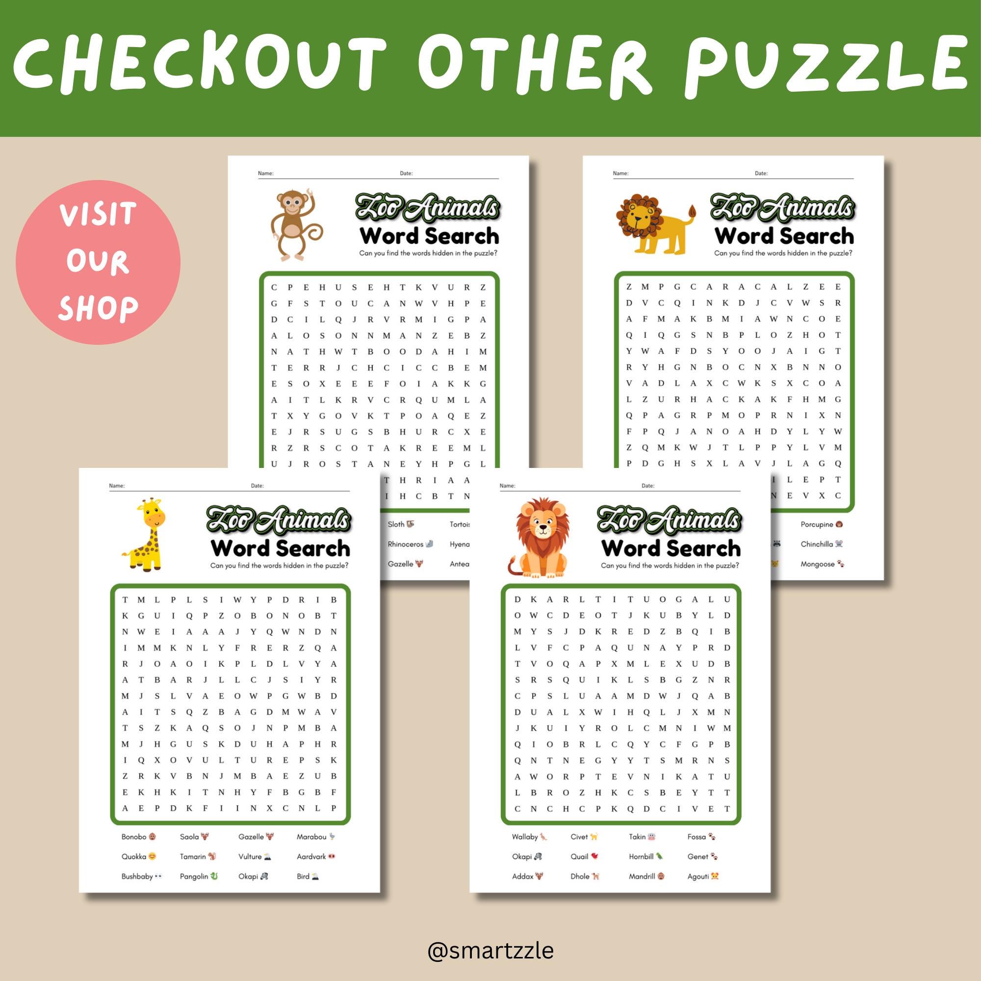 Zoo Animals Word Search Puzzle for Kids | 5 Printable Zoo Animal Games ...