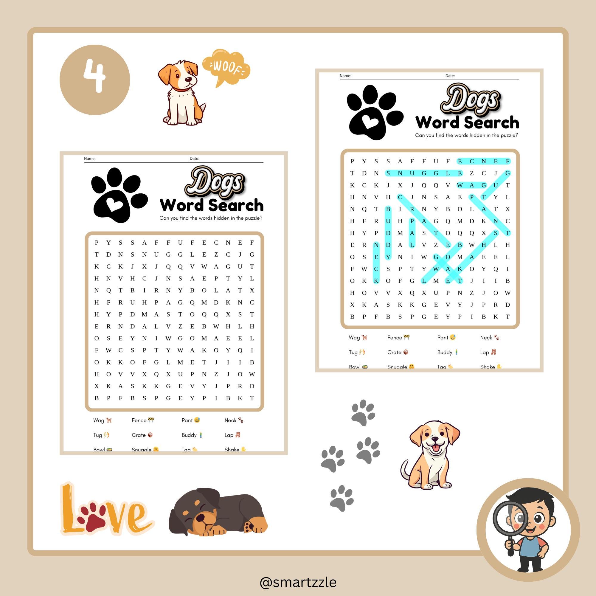 Dogs Word Search Puzzle for Kids | Printable PDF | Ages 6–10 | Fun ...