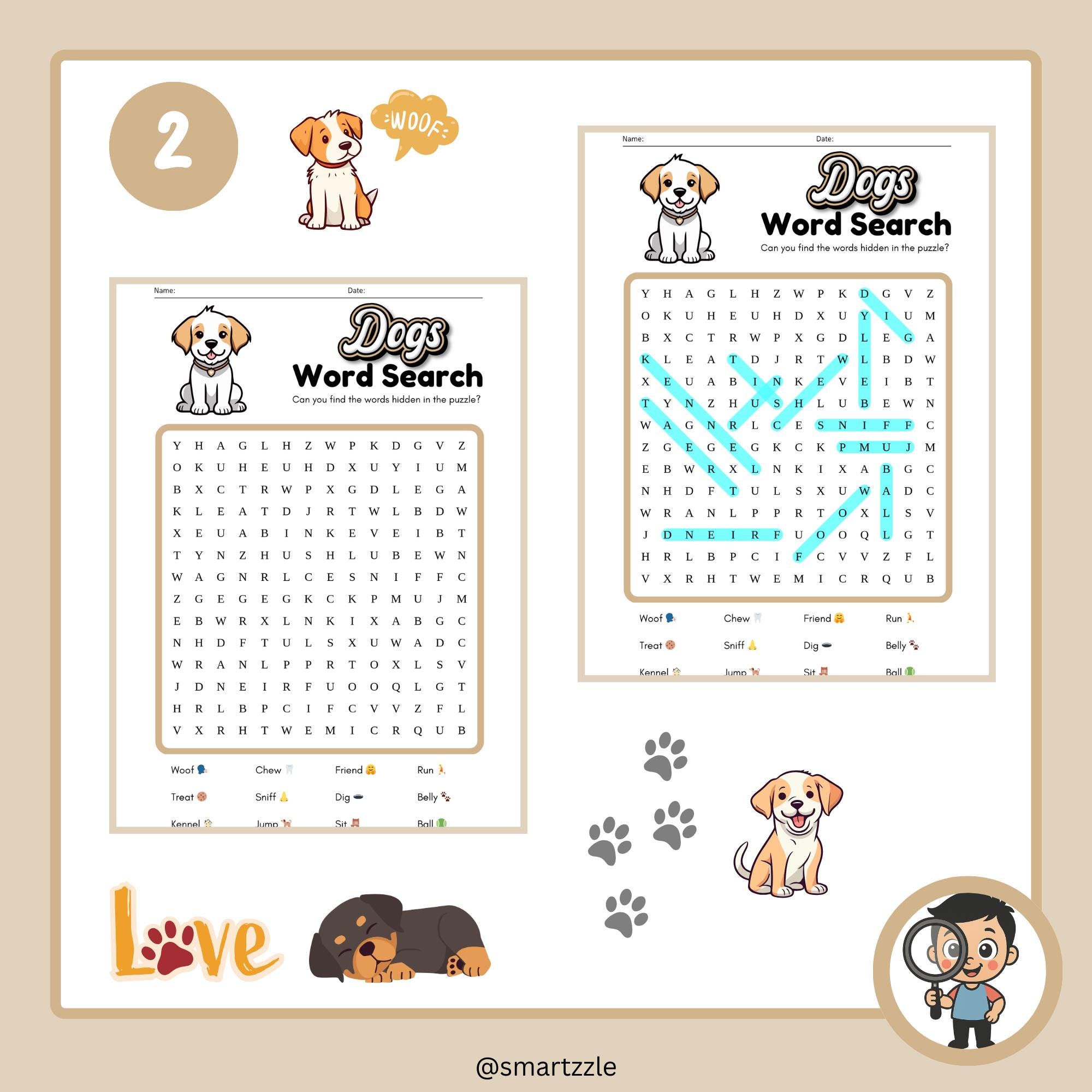 Dogs Word Search Puzzle for Kids | Printable PDF | Ages 6–10 | Fun ...
