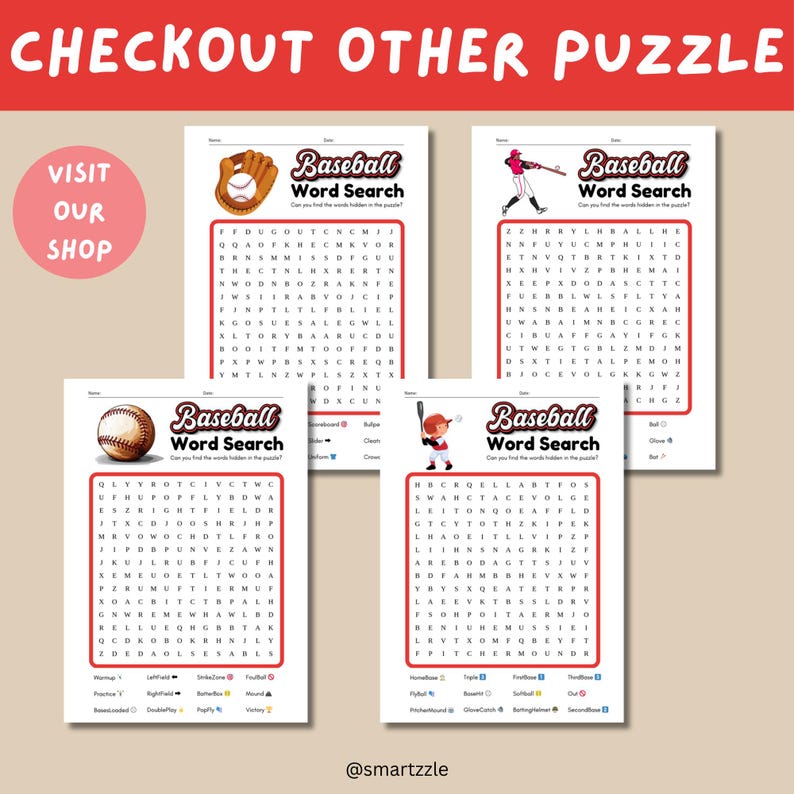 Baseball Word Search Puzzle for Kids: 5 Printable Sports Games (PDF) - Etsy