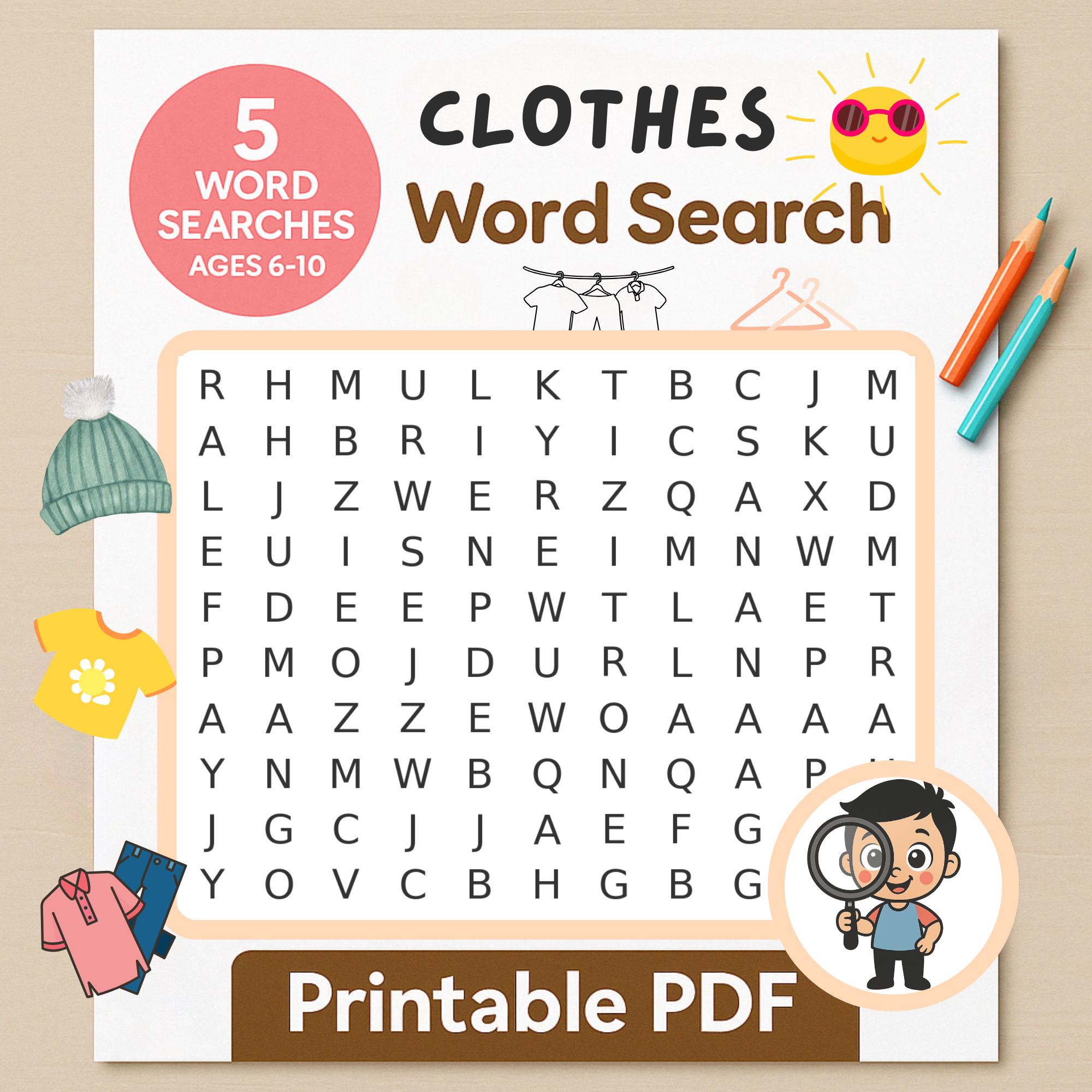 Clothes Word Search Puzzle for Kids | Printable Vocabulary Activity ...