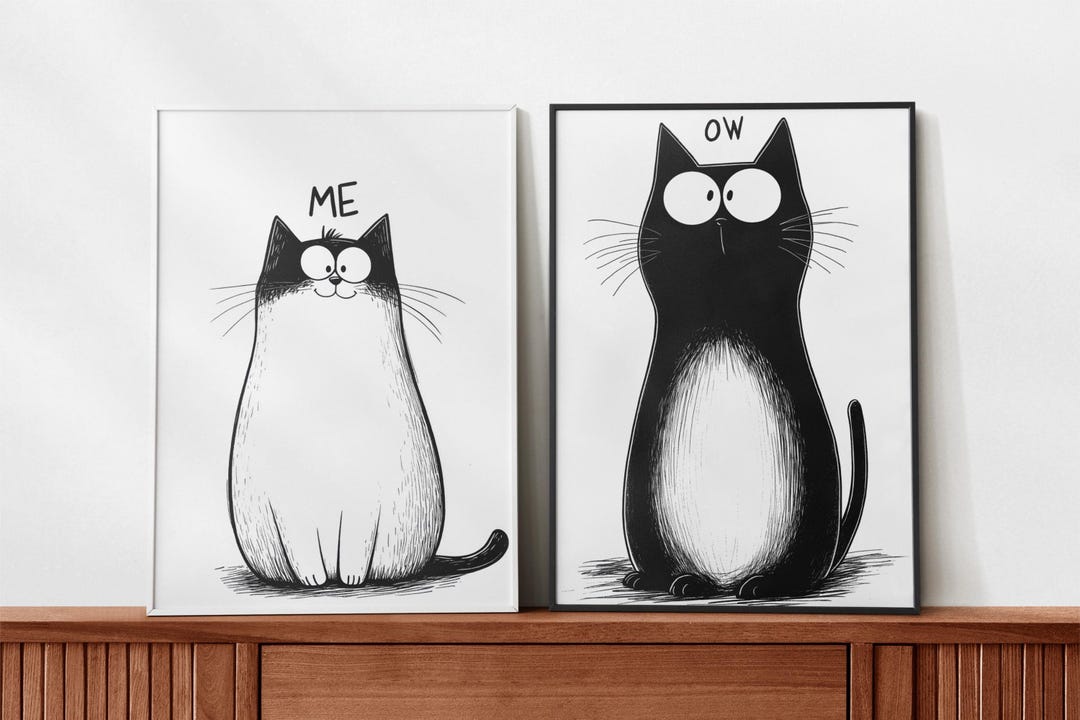 Funny Cat Wall Art, Cartoon Cat Poster, Cute Cat Illustration, Cat ...