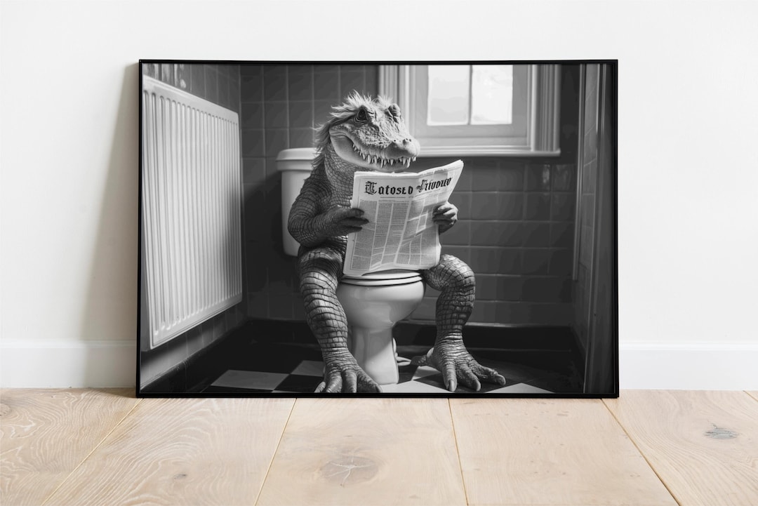 Alligator Sitting on the Toilet Reading a Newspaper, Funny Bathroom ...