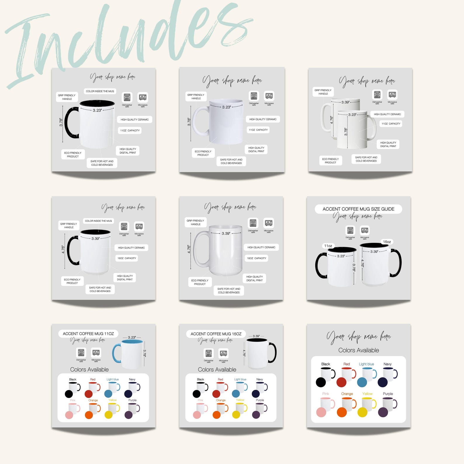 Printful Mug Size Chart & Color Chart, 11 and 15oz Ceramic Mug Size ...
