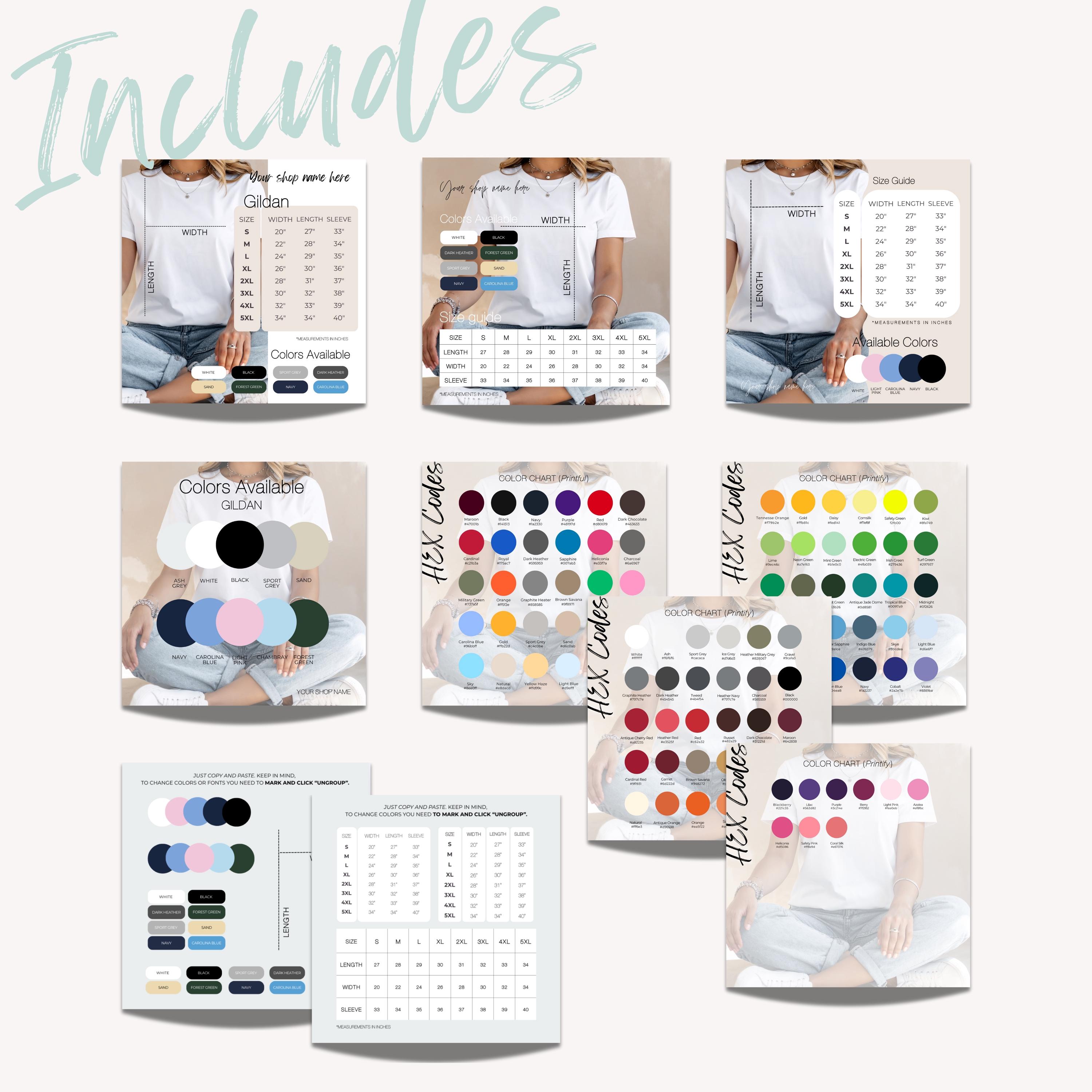 Gildan Color Chart and Size Chart, Editable Gildan Tshirt Color and ...