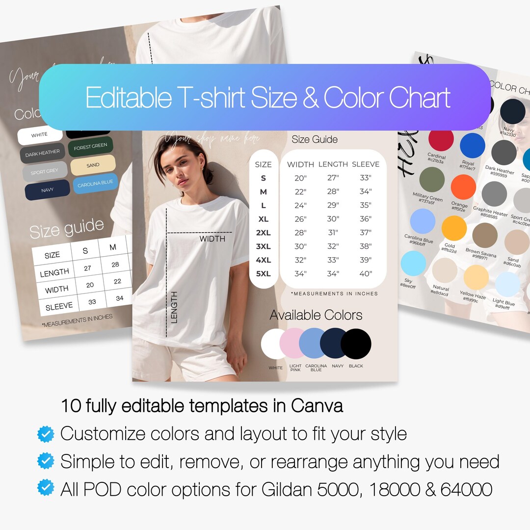 Editable Gildan Tshirt Color and Size Chart, Customizable Canva ...