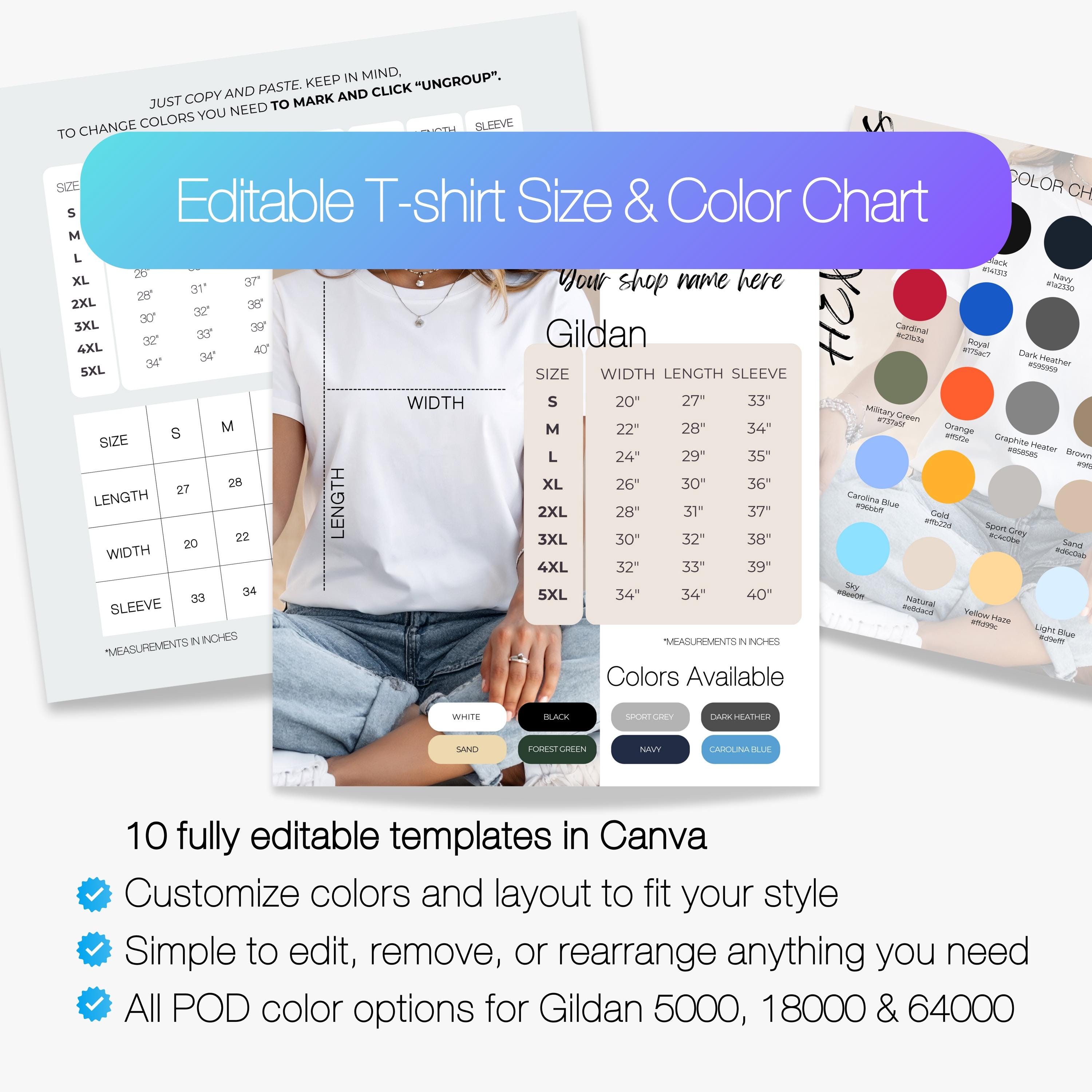Gildan Color Chart and Size Chart, Editable Gildan Tshirt Color and ...