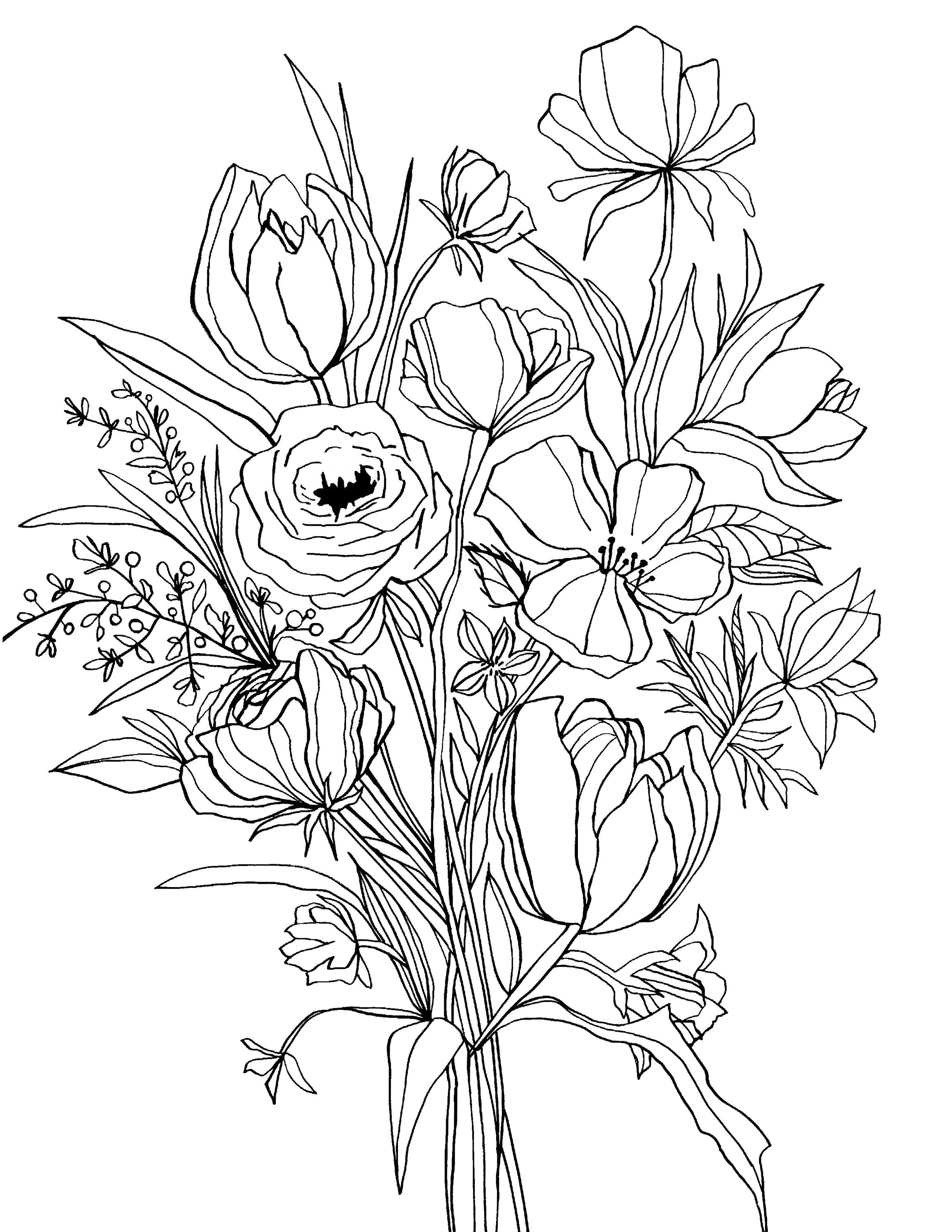 Tulip & Rose Bouquet Coloring Page; Botanical PDF Printable; Floral ...