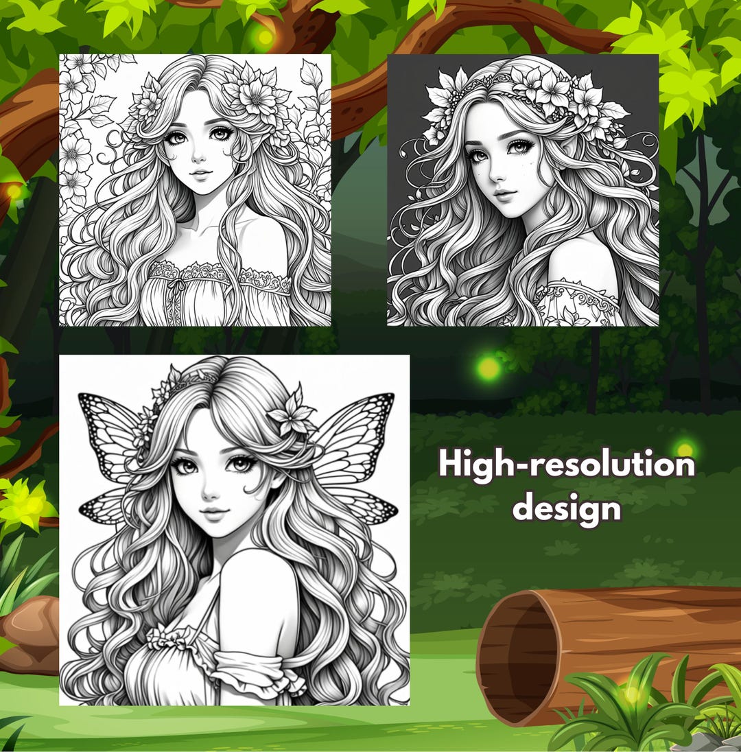 Anime Elf Coloring Pages for Kids and Adults, Grayscale High Definition ...