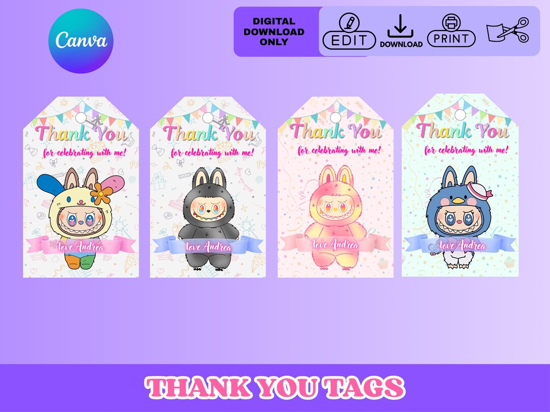 Editable Labubu Monster Thank You Tag • Labubu Party Bag Thank You Card ...