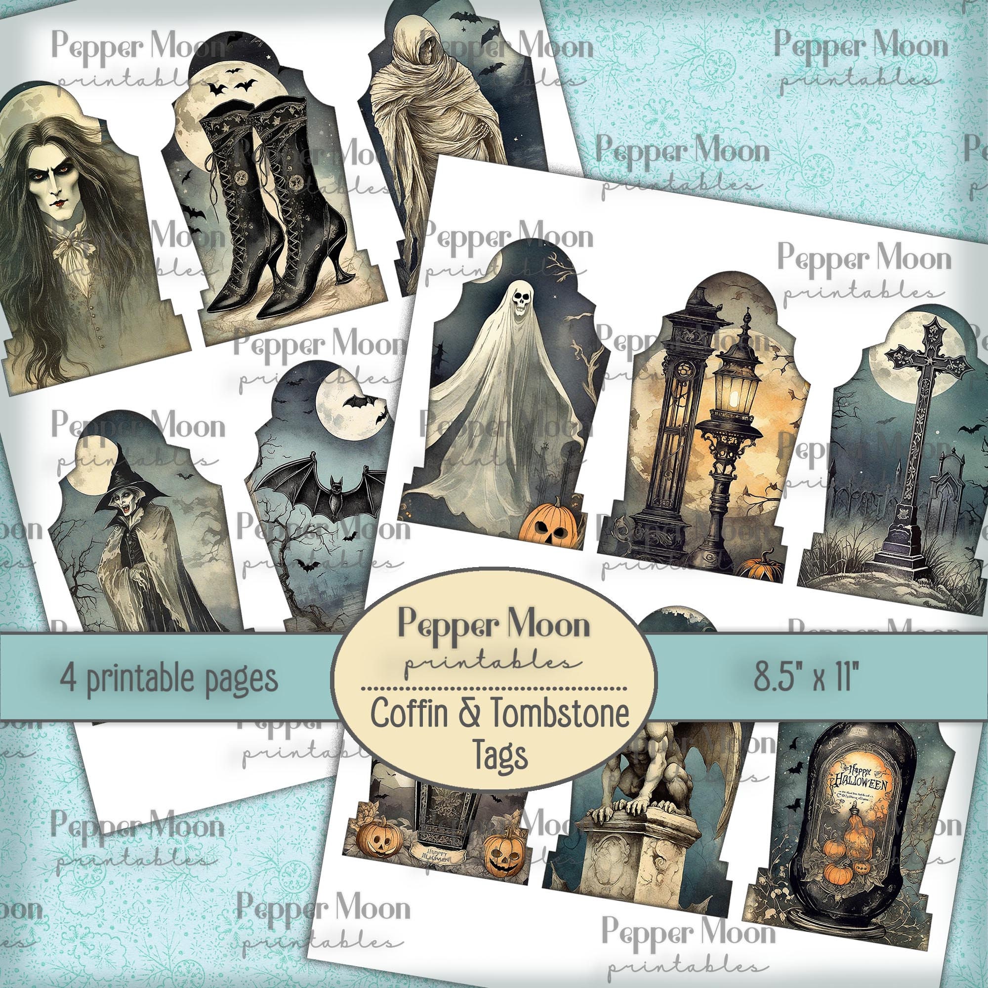 Halloween Coffin and Tombstone Shaped Tags, Digital Papers for Junk ...