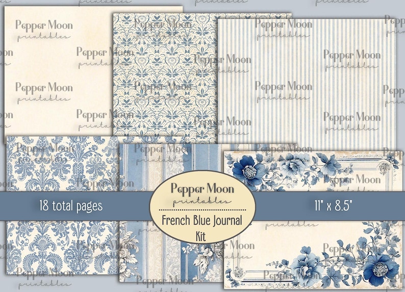 French Blue Journal Kit, 18 Journal Pages, Floral Journal, Landscape ...