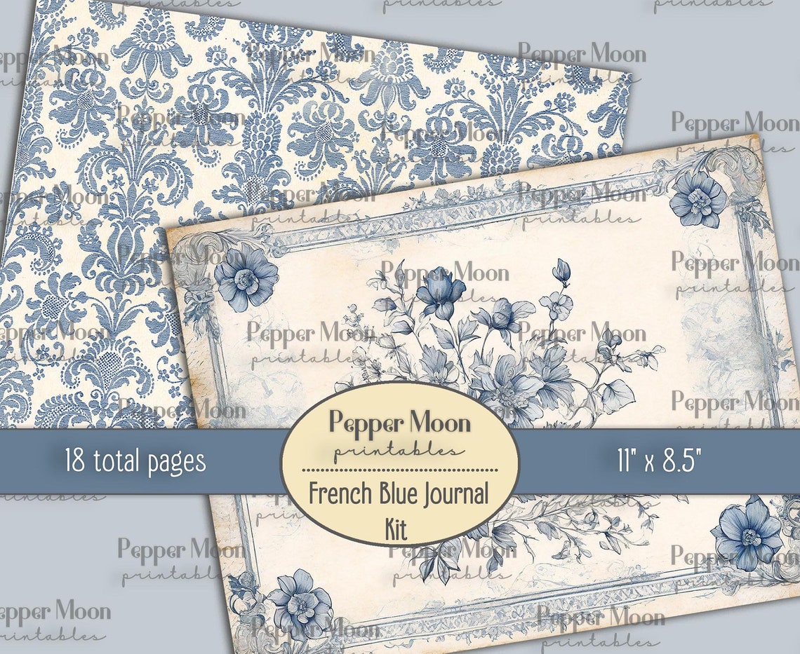 French Blue Journal Kit, 18 Journal Pages, Floral Journal, Landscape ...