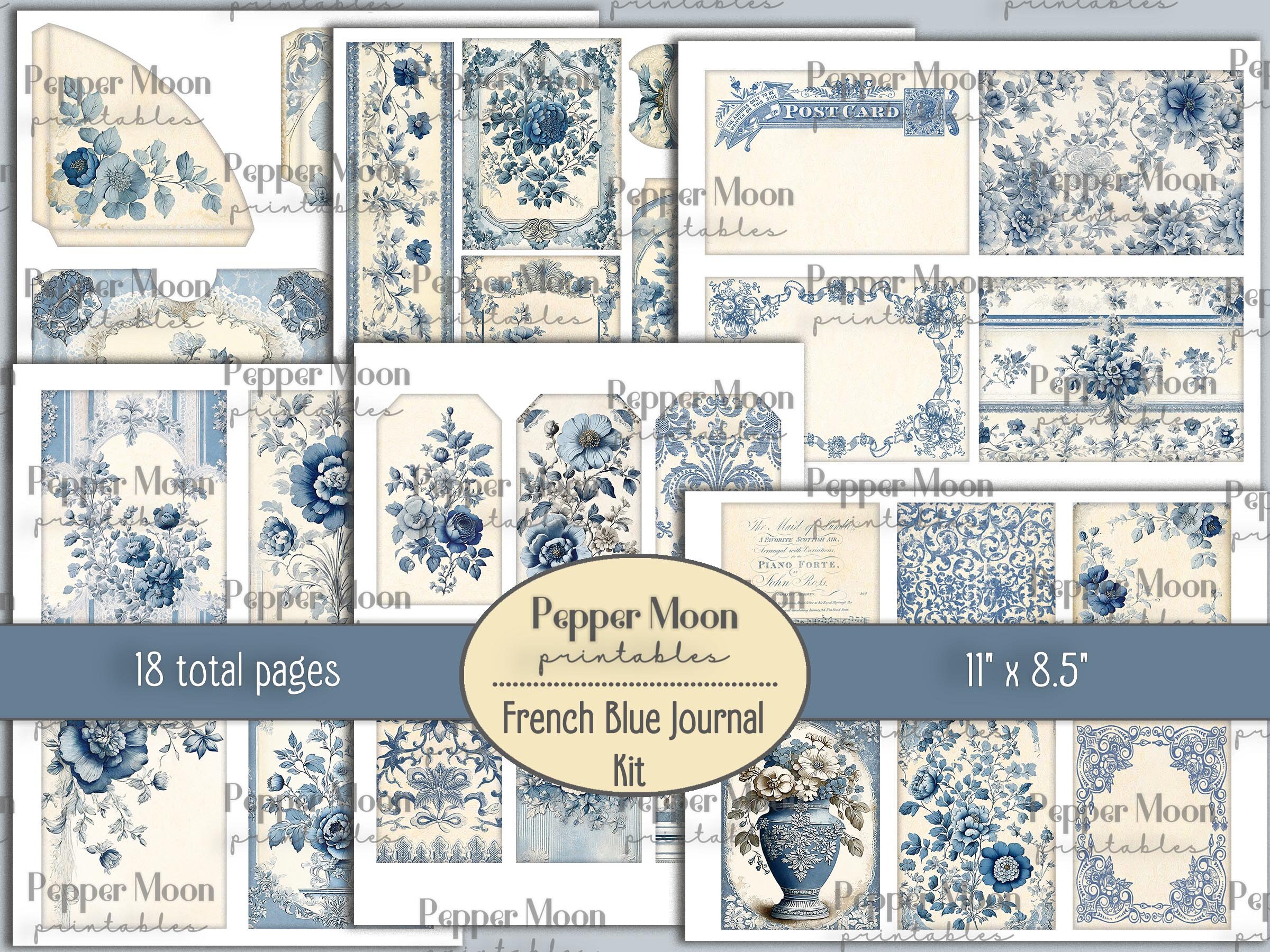French Blue Journal Kit, 18 Journal Pages, Floral Journal, Landscape ...
