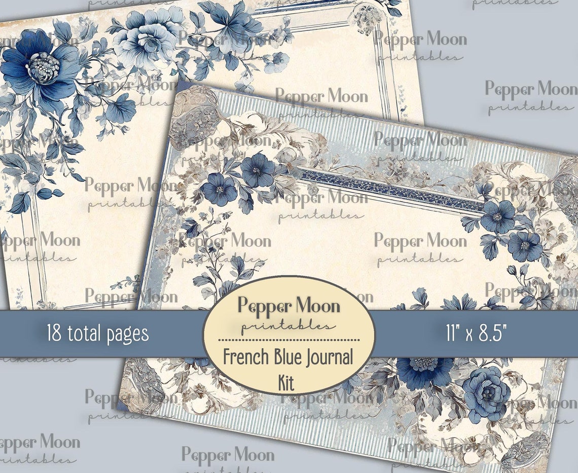 French Blue Journal Kit, 18 Journal Pages, Floral Journal, Landscape ...