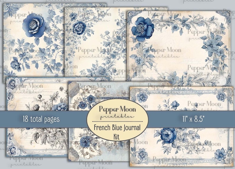 French Blue Journal Kit, 18 Journal Pages, Floral Journal, Landscape ...