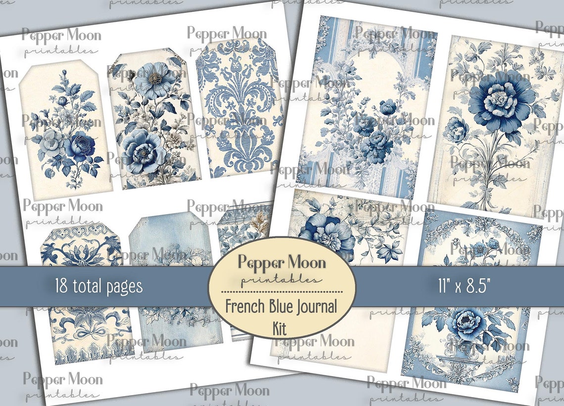 French Blue Journal Kit, 18 Journal Pages, Floral Journal, Landscape ...