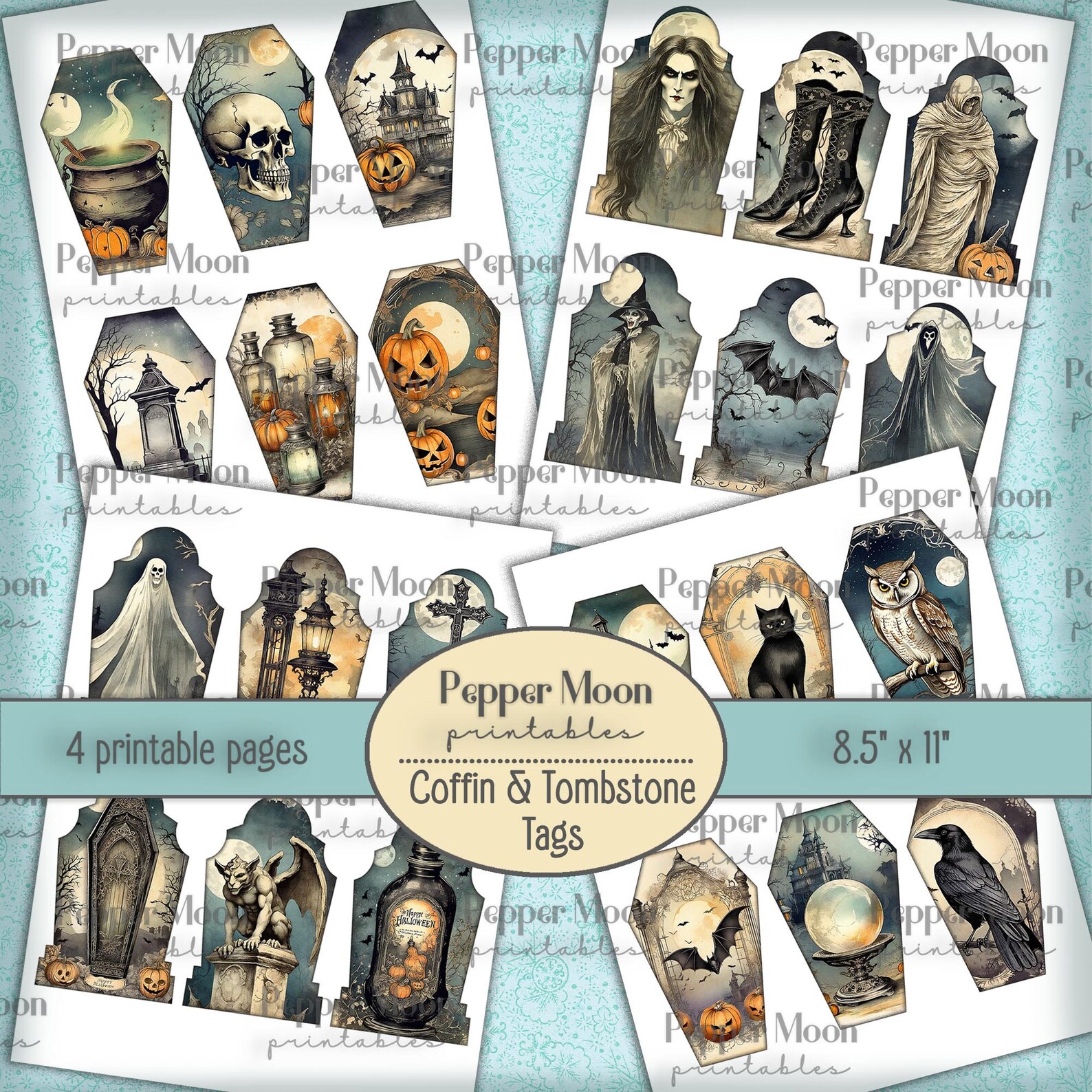 Halloween Coffin and Tombstone Shaped Tags, Digital Papers for Junk ...