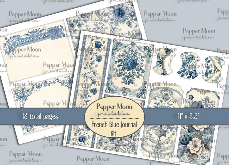 French Blue Journal Kit, 18 Journal Pages, Floral Journal, Landscape ...