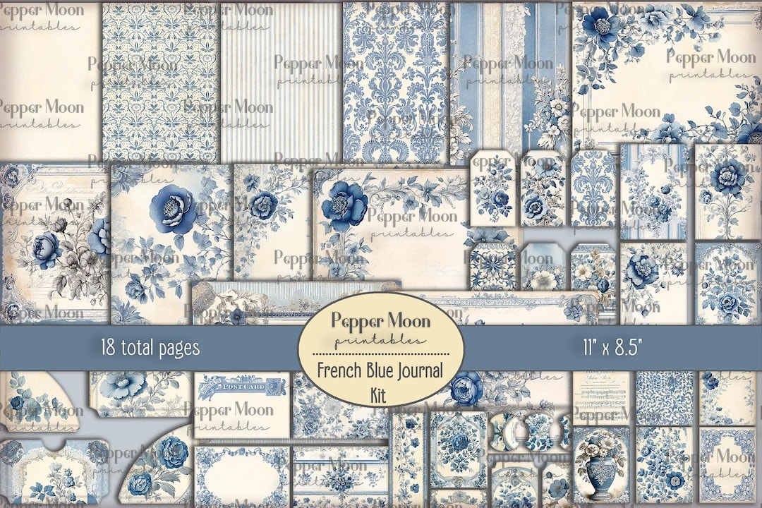 French Blue Journal Kit, 18 Journal Pages, Floral Journal, Landscape ...