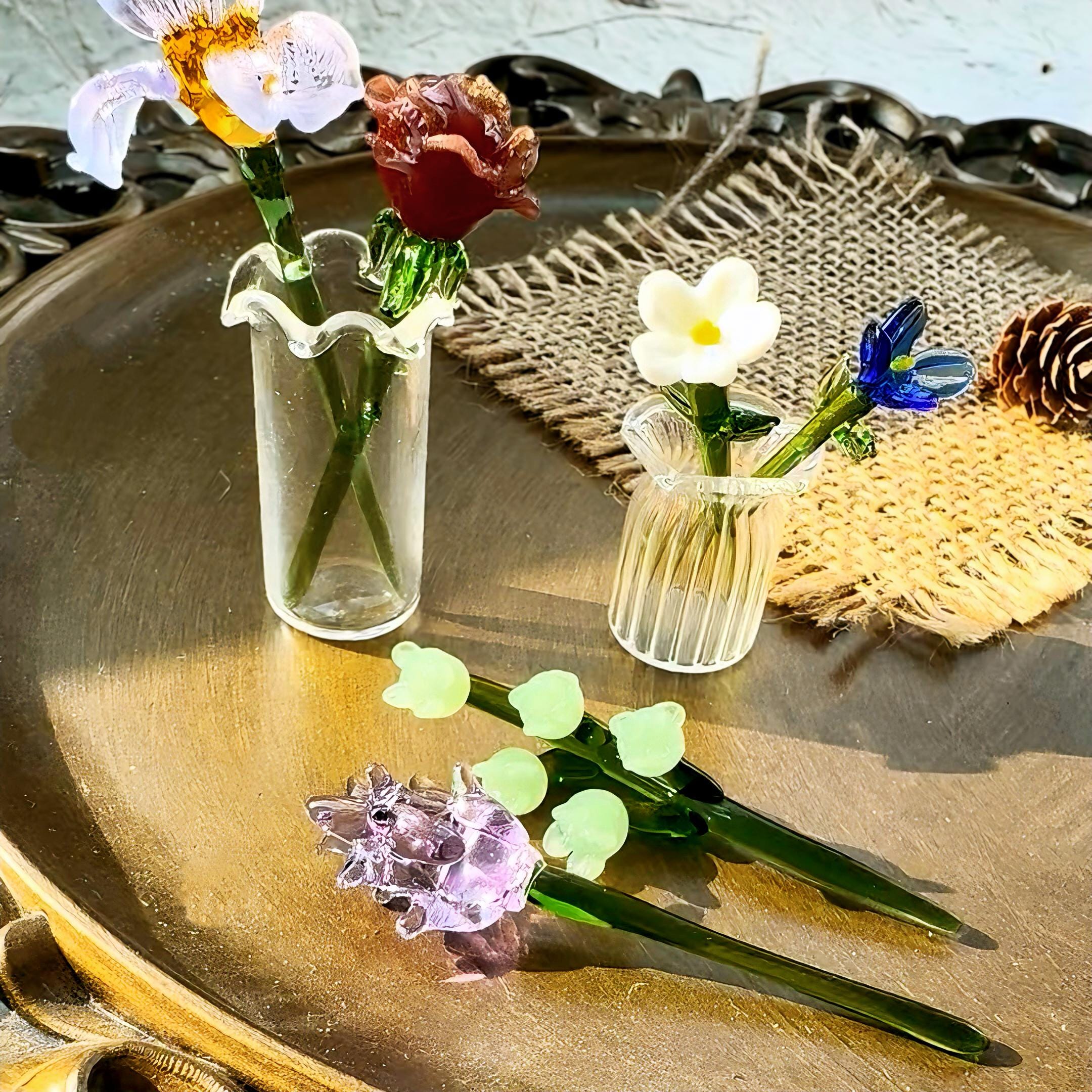 Mini Glass Flower Bouquet Set Hand Blown Art Glass Floral Decor Mini ...