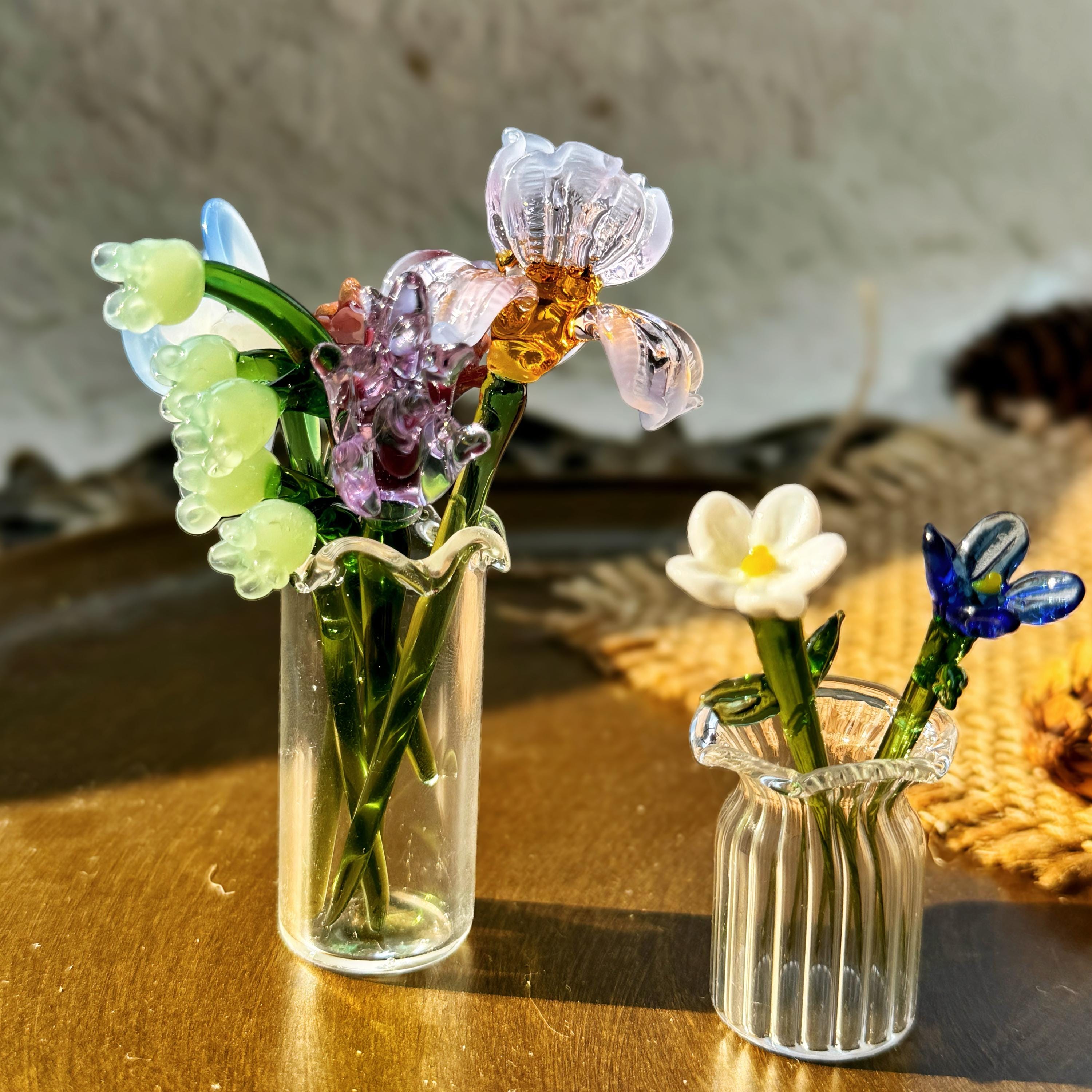 Mini Glass Flower Bouquet Set Hand Blown Art Glass Floral Decor Mini ...
