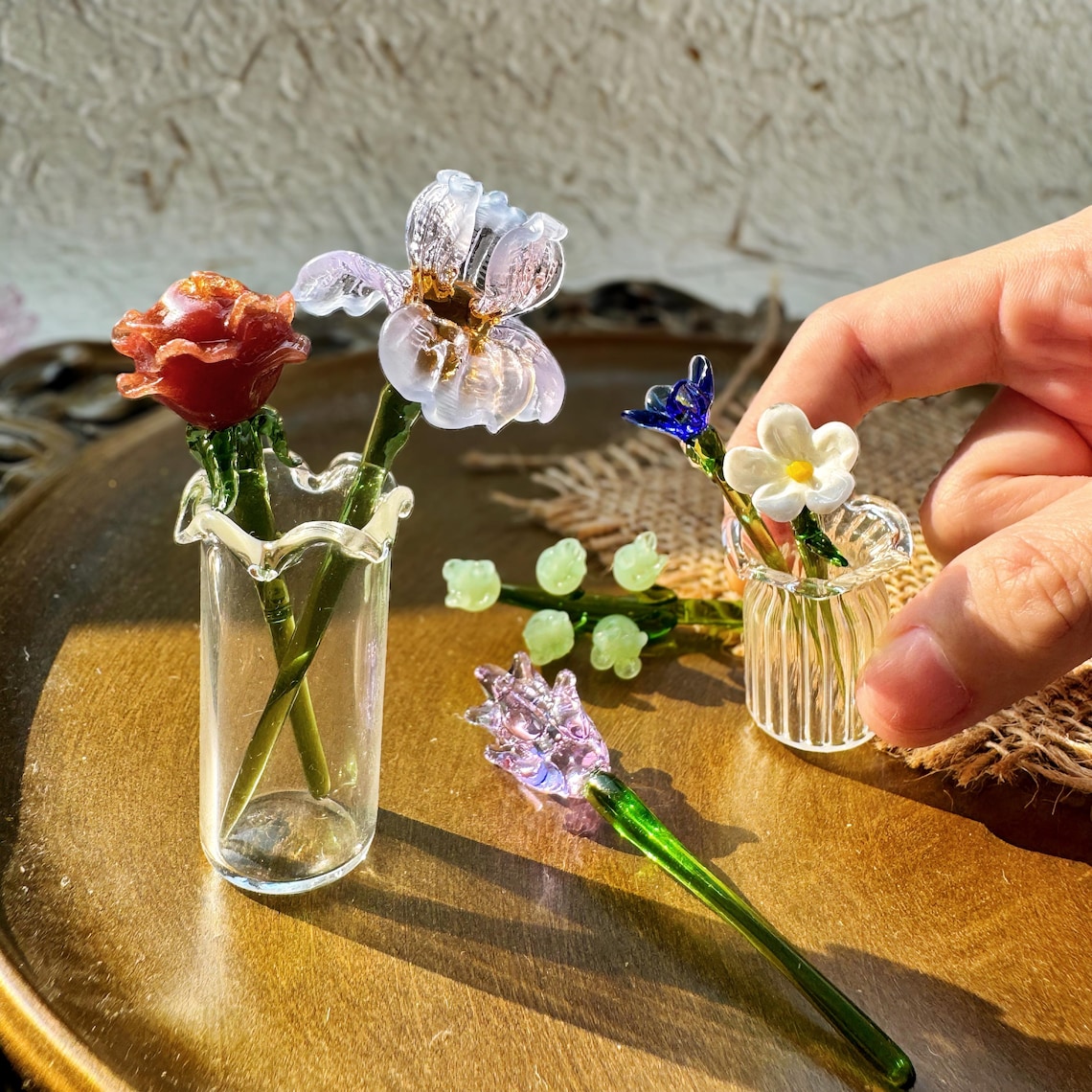 Mini Glass Flower Bouquet Set Hand Blown Art Glass Floral Decor Mini ...