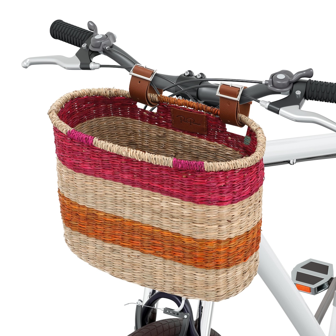 Handmade Seagrass Bike Basket, Woven Beach Cruiser Basket, Pink/orange ...